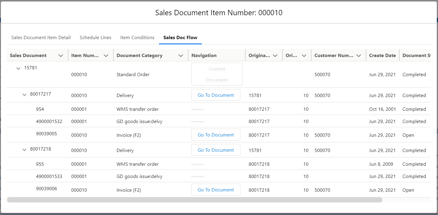 SAP Sales Doc Flow Search (Tab) | Surface | enosix Product Documentation